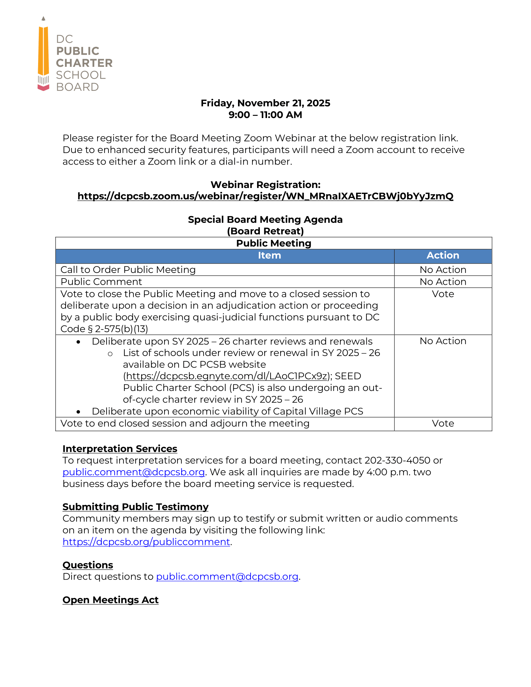 Special Board Meeting November 2025 Dc Pcsb